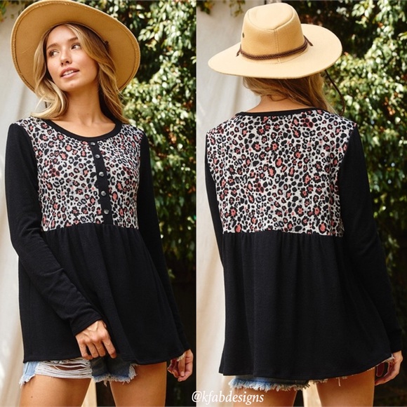 Tops | Last 1 Soft Black Color Block Button Detail Animal Print Front ...